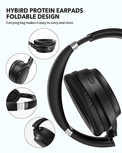 HROEENOI Wireless Bluetooth Active Noise Cancelling Deep Bass Over Ear Headphones with CVC 8.0 Microphone, Wireless Gaming Headset for Pc, 40 Hours Playtime for Travel Work Phone- Black