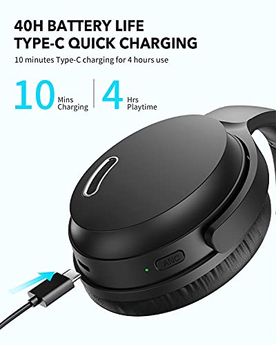 HROEENOI Wireless Bluetooth Active Noise Cancelling Deep Bass Over Ear Headphones with CVC 8.0 Microphone, Wireless Gaming Headset for Pc, 40 Hours Playtime for Travel Work Phone- Black