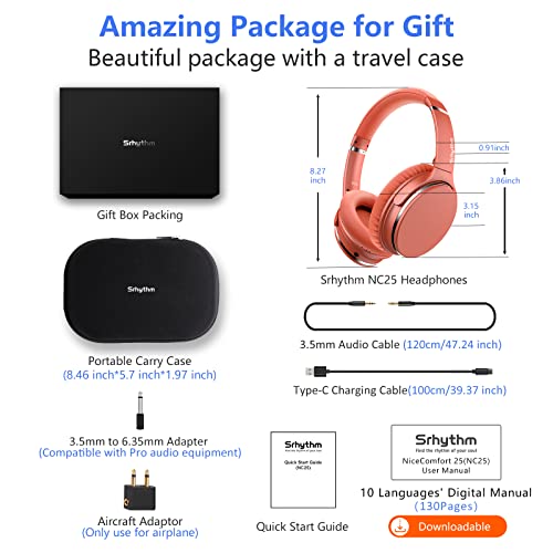 Srhythm Renewed NC25 Active Noise Cancelling Headphones Bluetooth 5.0, ANC Stereo Headset Over-Ear with Hi-Fi,Mic,50H Playtime,Voice Assistant,Low Latency Game Mode