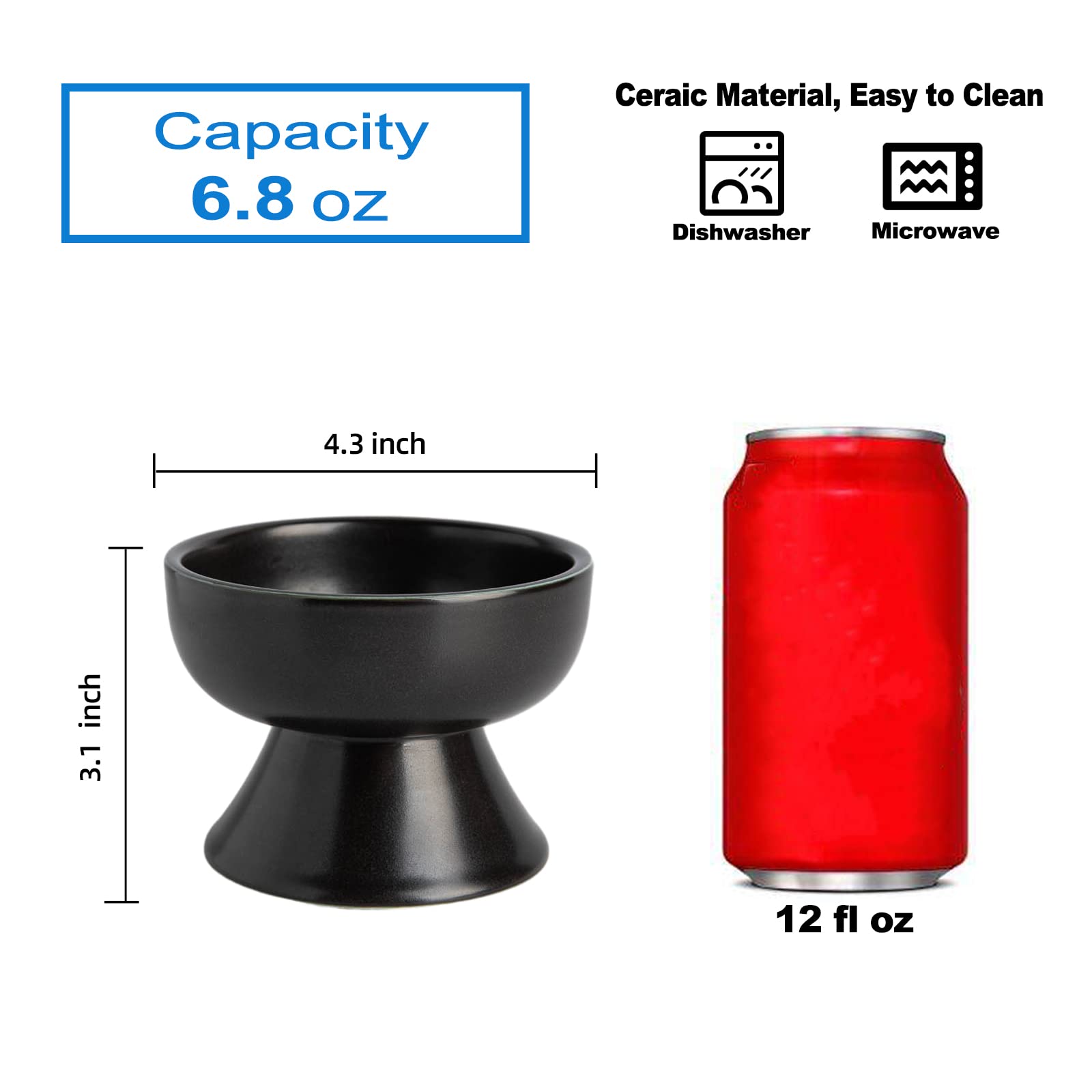 KITCHENLESTAR Small Ceramic Cat Bowls, Elevated Food or Water Bowls, Stress Free, Backflow Prevention, Suitable for Small Pets,Dishwasher and Microwave Safe (Black)