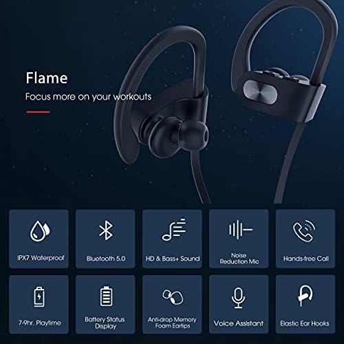 Redzoo Bluetooth Headphones, Bluetooth 5.0 Wireless Earbuds Sports, 22Hr Playtime Bluetooth Earphones for Running w/25° Ergonomic Ear Hooks, IPX7 Waterproof, Noise Cancelling Mic (Black)