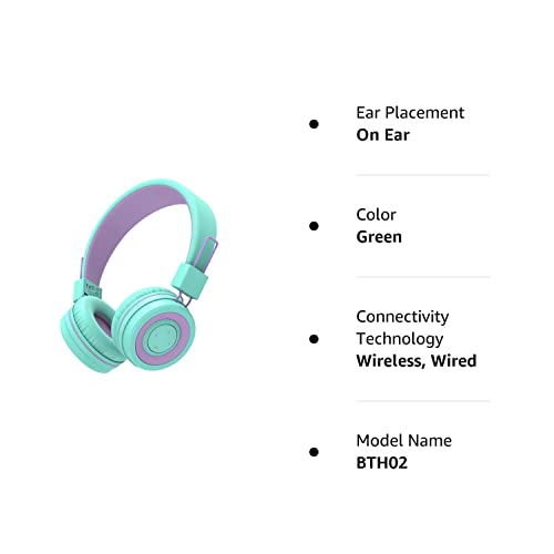 iClever Kids Bluetooth Headphones, BTH02 Kids Headphones with MIC, 22H Playtime, Bluetooth 5.0 & Stereo Sound, Foldable, Adjustable Headband, Childrens Headphones for iPad Tablet School (Green)