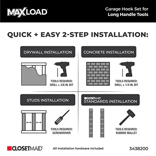 ClosetMaid MaxLoad 3-Pack Garage Hooks & Hangers Wall Mount Heavy Duty Storage for Long Handle Tools, Cords, Hoses, Shovels, Rakes, Brooms, Black