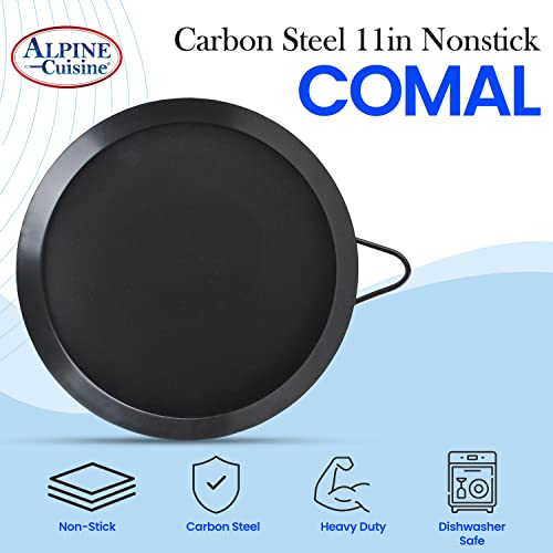 Alpine Cuisine Nonstick Round Comal Griddle 11-Inch - Black Carbon Steel Tortilla Comal with Single Handle - Durable, Heavy Duty Comal for Cooking - Even-Heating
