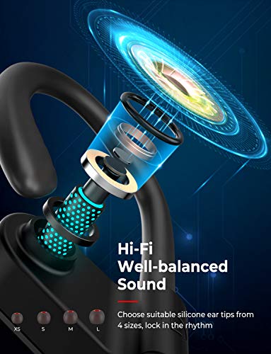 Redzoo Bluetooth Headphones, Bluetooth 5.0 Wireless Earbuds Sports, 22Hr Playtime Bluetooth Earphones for Running w/25° Ergonomic Ear Hooks, IPX7 Waterproof, Noise Cancelling Mic (Black)
