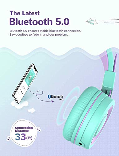iClever Kids Bluetooth Headphones, BTH02 Kids Headphones with MIC, 22H Playtime, Bluetooth 5.0 & Stereo Sound, Foldable, Adjustable Headband, Childrens Headphones for iPad Tablet School (Green)