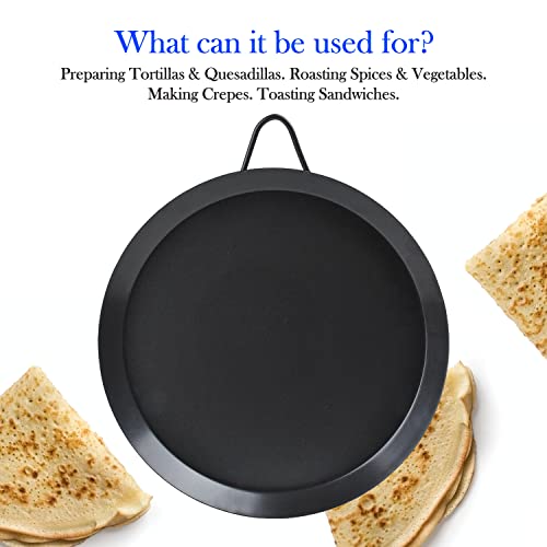 Alpine Cuisine Nonstick Round Comal Griddle 11-Inch - Black Carbon Steel Tortilla Comal with Single Handle - Durable, Heavy Duty Comal for Cooking - Even-Heating