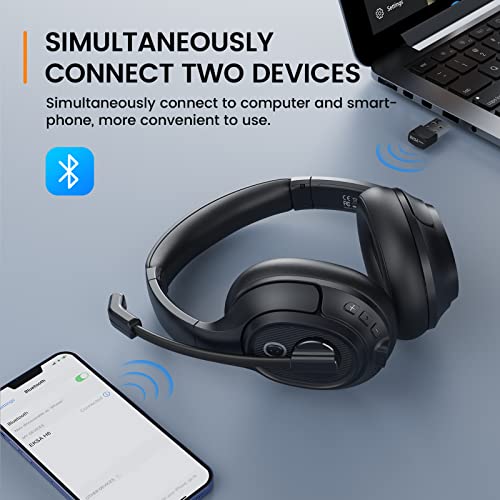 EKSA Bluetooth Headset with Microphone, Wireless Computer Headphone AI-Powered Environmental Noise Cancelling Headset & USB Dongle, 55H Playtime, Over Ear Comfort for PC, Phone, Work, Home Office