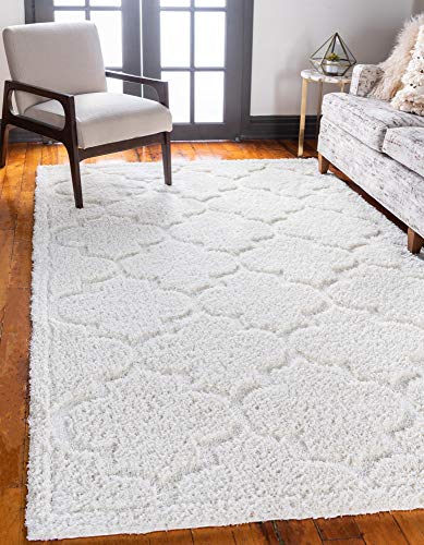 Rugs.com Lattice Shag Collection Rug – 8' x 10' Ivory Shag Rug Perfect for Living Rooms, Large Dining Rooms, Open Floorplans