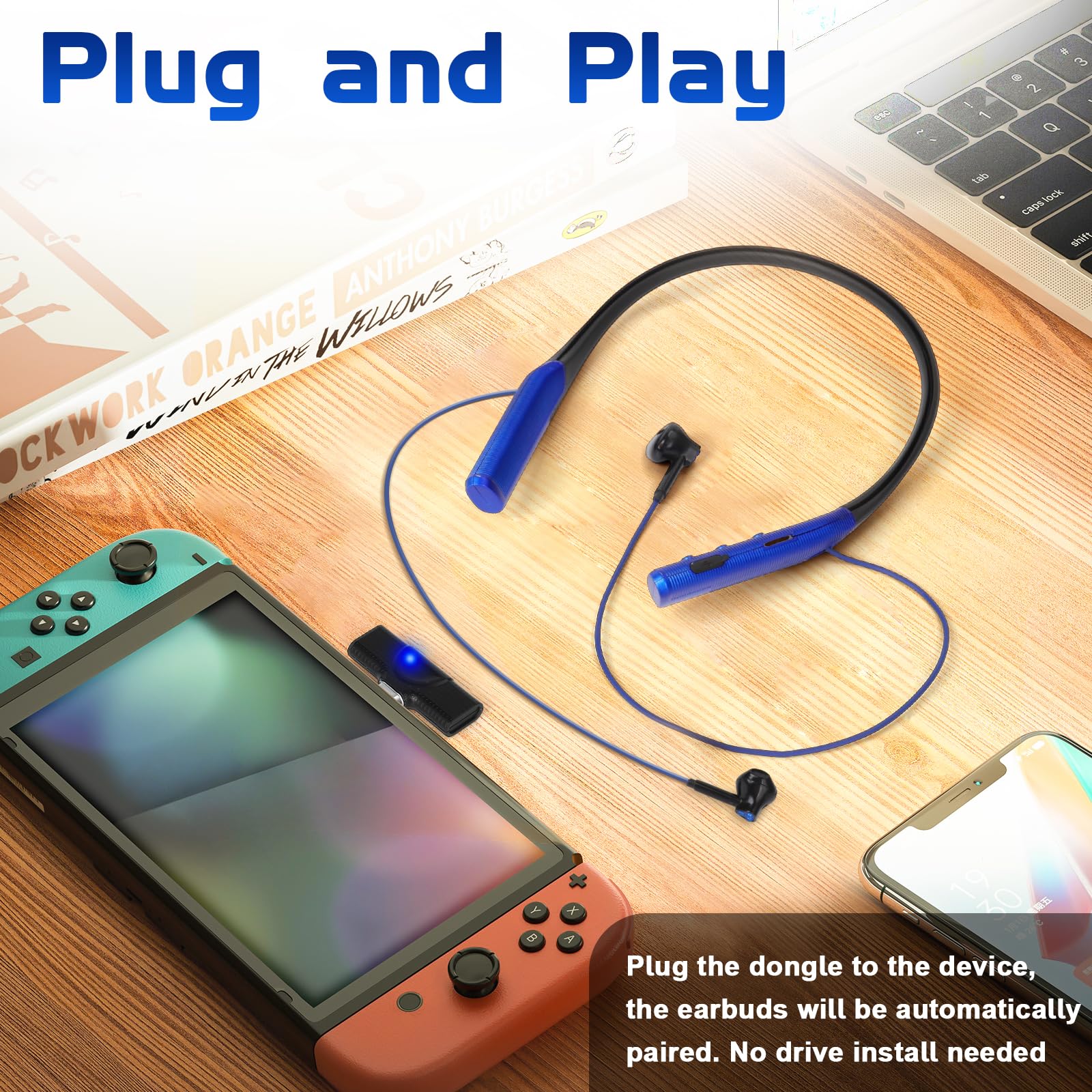 HUHD Wireless Gaming Headset Headphones for Switch PS5 PS4 PC Computer with Microphone, Bluetooth Gaming Earbuds 2.4GHz, Stereo Sound Behind-Neck in-Ear Wireless Game Headphones