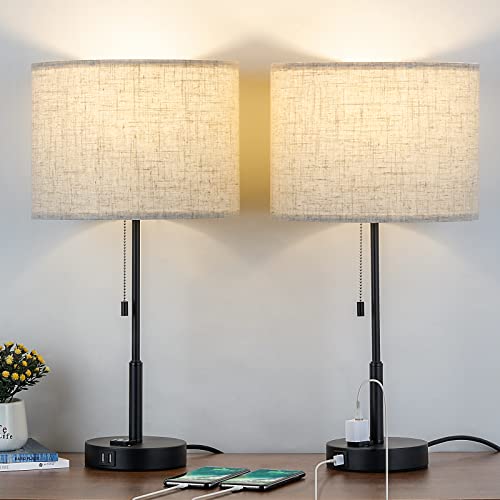 JS NOVA JUNS Table Lamps, Bedside Lamp Set of 2 with Dual USB Ports and 3-Prong AC Outlet, Modern End Table Nightstand Light Perfect for Bedroom, Living Room, Study Room, LED Bulbs Included