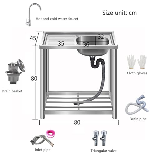 Stainless Steel Utility Sink,Single Bowl Free Standing Commercial Garage Laundry Room Indoor Outdoor Kitchen Sinks,Washing Hand Basin with Cold and Hot Water,for Farmhouse,Shop,Bathroom,Bar,Camping (