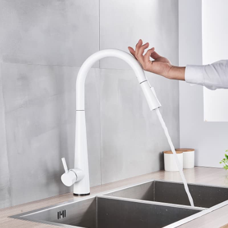 Kitchen Sink Faucet for Bar Farmhouse Commercial, Touch Sensor White Kitchen Faucet, White Pull Out Kitchen Mixer Faucets, Black Smart Sensor Stream Spray Mode Mixer Taps (Color : White)