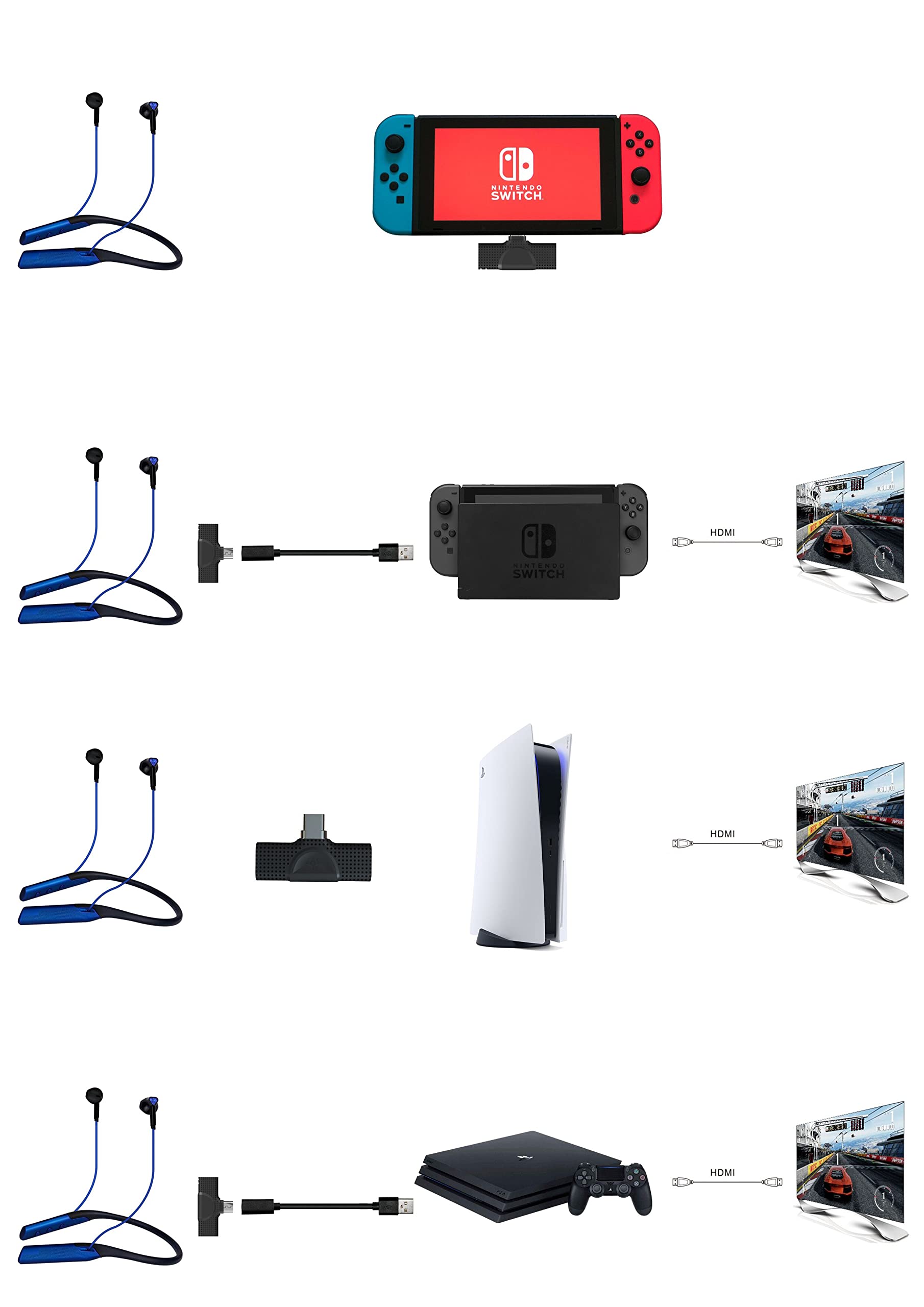 HUHD Wireless Gaming Headset Headphones for Switch PS5 PS4 PC Computer with Microphone, Bluetooth Gaming Earbuds 2.4GHz, Stereo Sound Behind-Neck in-Ear Wireless Game Headphones