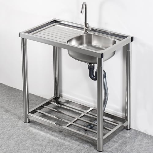 Stainless Steel Utility Sink,Single Bowl Free Standing Commercial Garage Laundry Room Indoor Outdoor Kitchen Sinks,Washing Hand Basin with Cold and Hot Water,for Farmhouse,Shop,Bathroom,Bar,Camping (