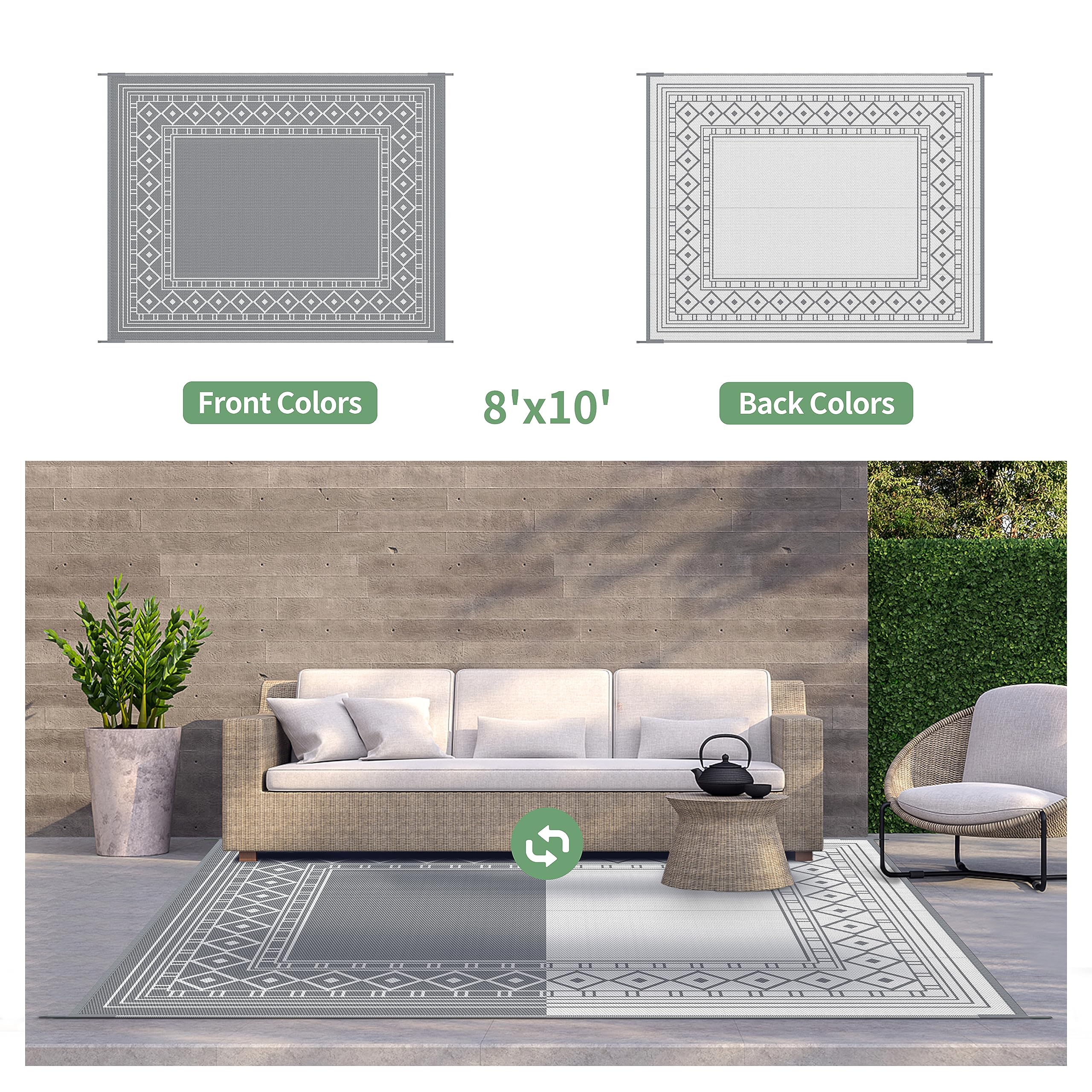 GENIMO Outdoor Rug 6'x9' for Patio Clearance, Reversible Plastic Straw Outdoor Area Carpet Waterproof, Camping Outside Mat for Outdoor Decor, RV, Deck, Camper, Balcony, Picnic, Grey & White