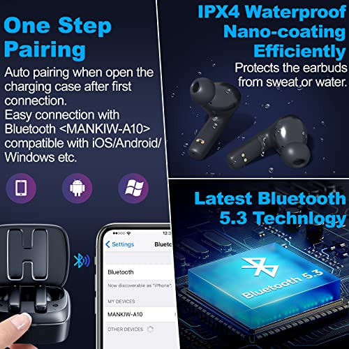 Hybrid Active Noise Cancelling Wireless Earbuds, in Ear Bluetooth 5.3 Stereo Earphones,MANKIW Wireless ANC Bluetooth Noise Cancelling Earbuds,HiFi Stereo Touch Control Earbuds for iPhone/Android-Black