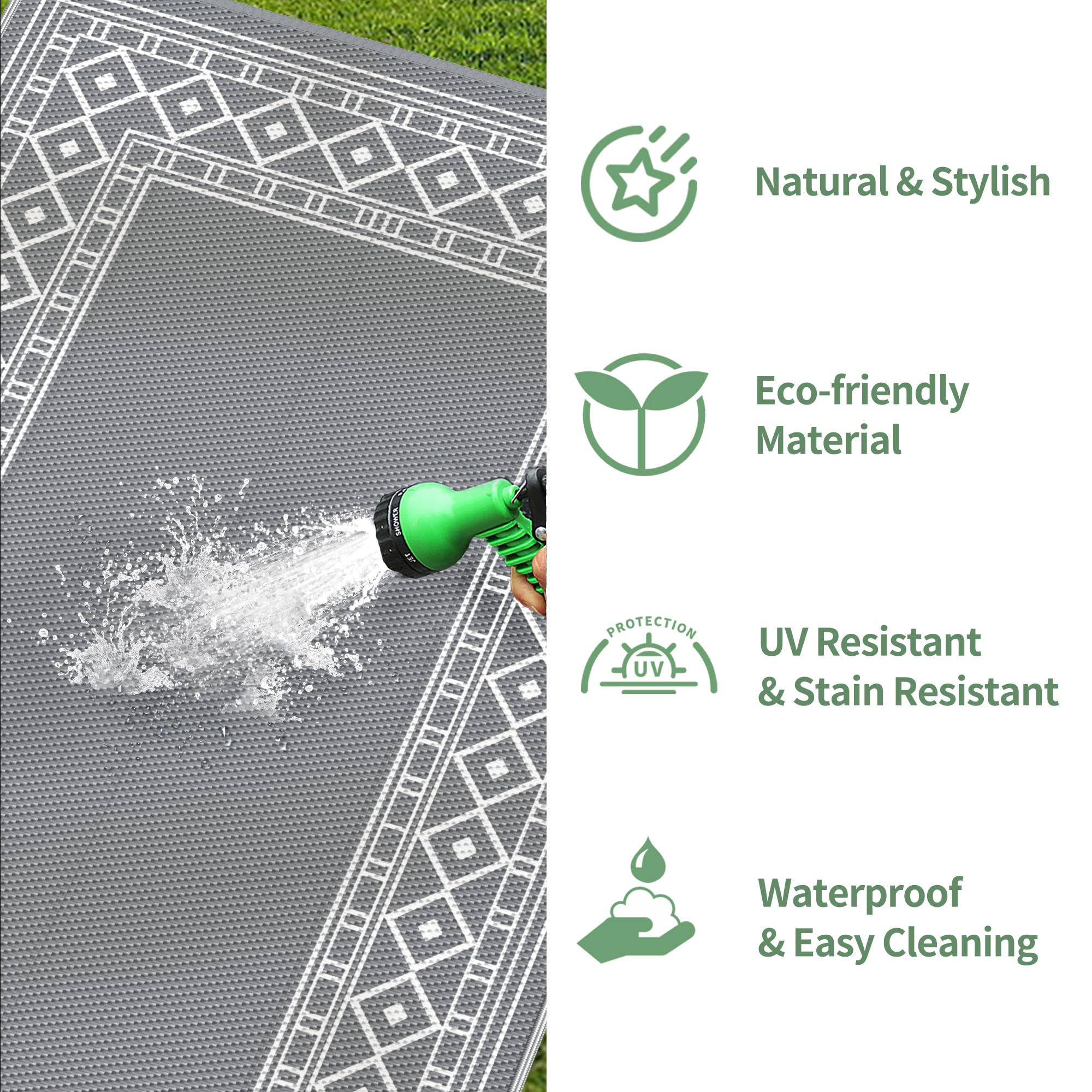 GENIMO Outdoor Rug 6'x9' for Patio Clearance, Reversible Plastic Straw Outdoor Area Carpet Waterproof, Camping Outside Mat for Outdoor Decor, RV, Deck, Camper, Balcony, Picnic, Grey & White