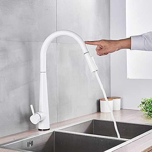 Kitchen Sink Faucet for Bar Farmhouse Commercial, Touch Sensor White Kitchen Faucet, White Pull Out Kitchen Mixer Faucets, Black Smart Sensor Stream Spray Mode Mixer Taps (Color : White)