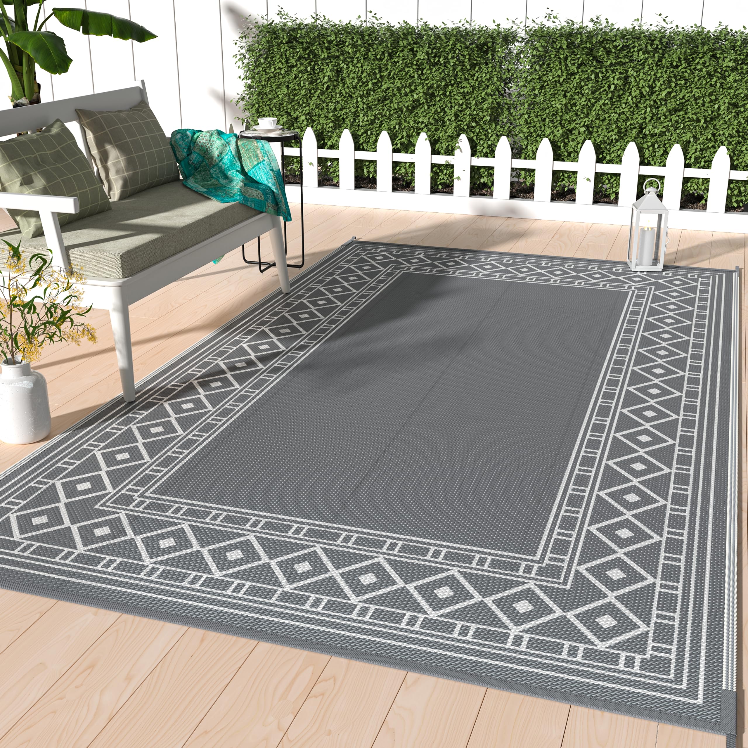 GENIMO Outdoor Rug 6'x9' for Patio Clearance, Reversible Plastic Straw Outdoor Area Carpet Waterproof, Camping Outside Mat for Outdoor Decor, RV, Deck, Camper, Balcony, Picnic, Grey & White