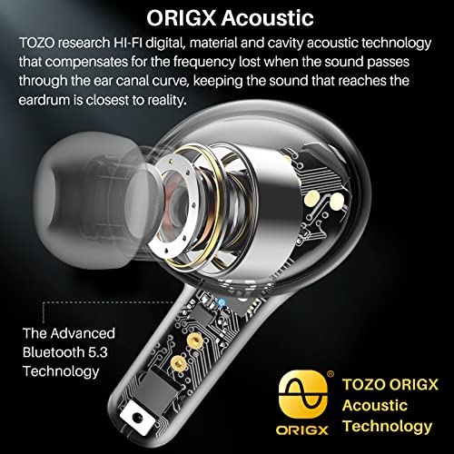 TOZO A2 Mini Wireless Earbuds Bluetooth 5.3 in Ear Light-Weight Headphones Built-in Microphone, IPX5 Waterproof, Immersive Premium Sound Long Distance Connection Headset with Charging Case, Black