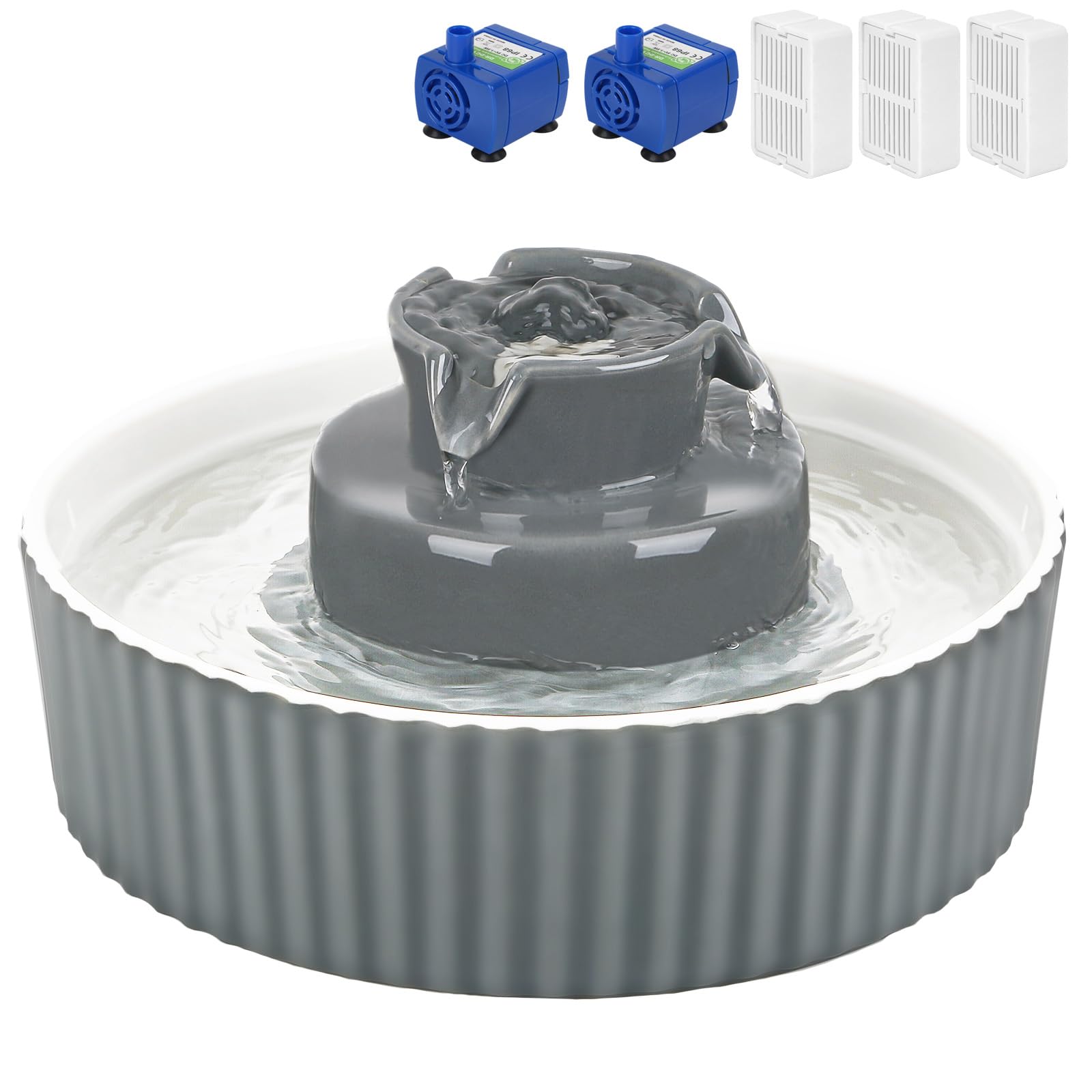 Kenepet Ceramic Cat Water Fountain, 2.1L/71oz Automatic Pet Water Fountain, 3 Filters and 2 Pumps Included, Cat Fountain Ideal for Cats, Dogs and Multiple Pets (Grey)