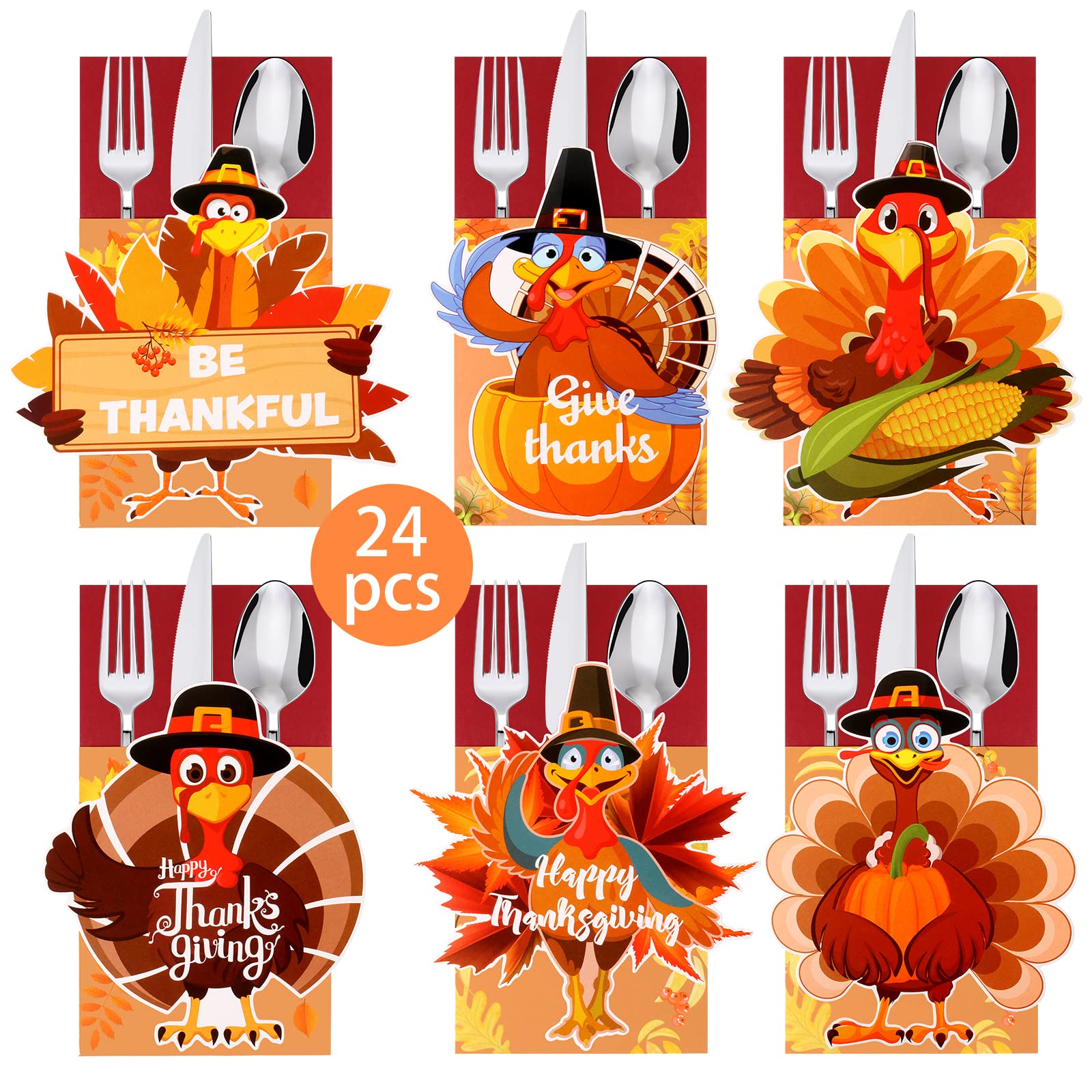 24 Pcs Thanksgiving Cutlery Holder Set Turkey Cutlery Silverware Holder Paper Pocket Thanksgiving Turkey Utensil Décor for Autumn Fall Harvest Party Favor Supply Table Decoration
