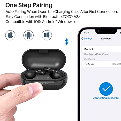 TOZO A2 Mini Wireless Earbuds Bluetooth 5.3 in Ear Light-Weight Headphones Built-in Microphone, IPX5 Waterproof, Immersive Premium Sound Long Distance Connection Headset with Charging Case, Black