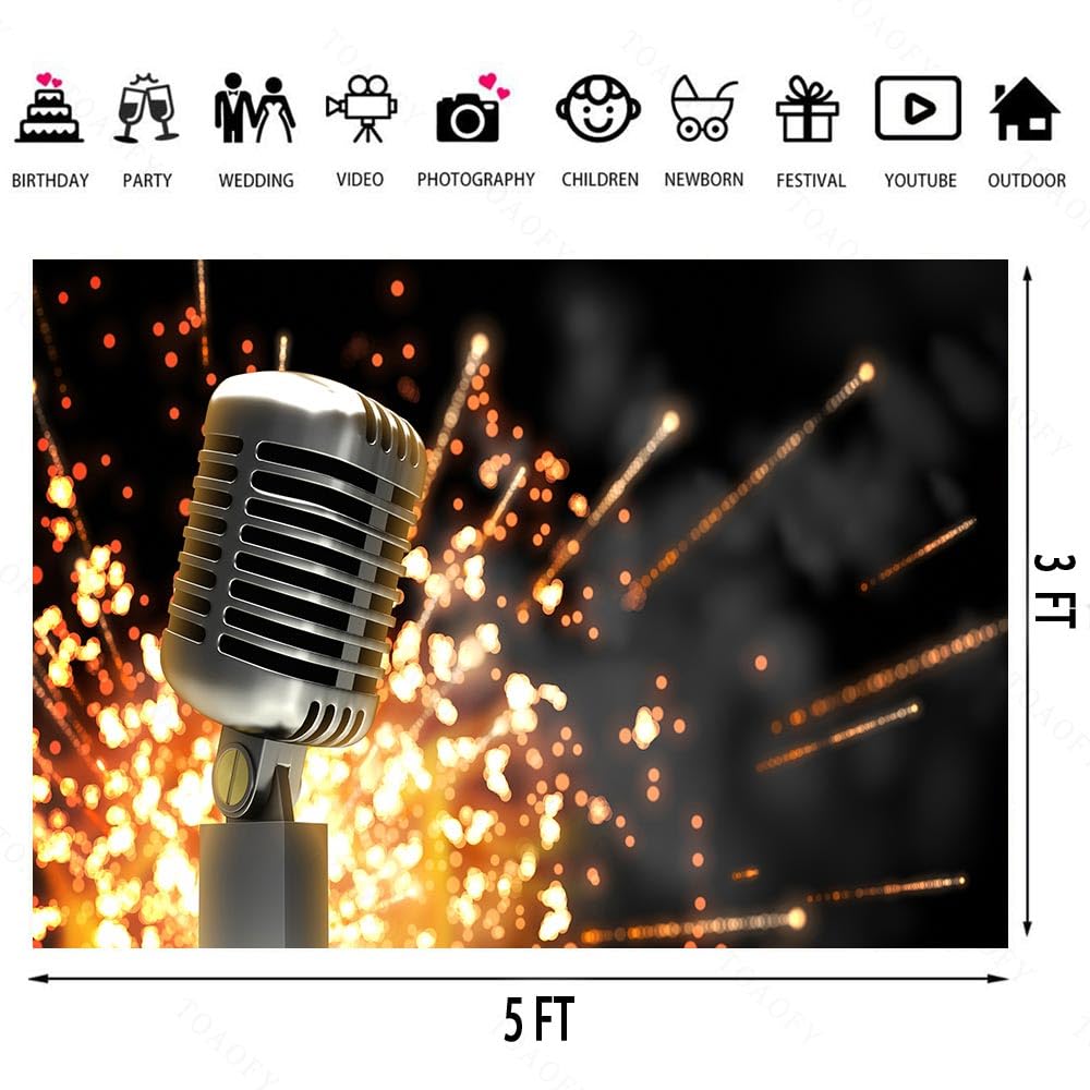TOAOFY 5x3ft Black and Gold Music Theme Birthday Backdrop for Photograpy Microphone Background Supplies Concert Backdrop for Party Decorations Photo Video Studio TAY1400