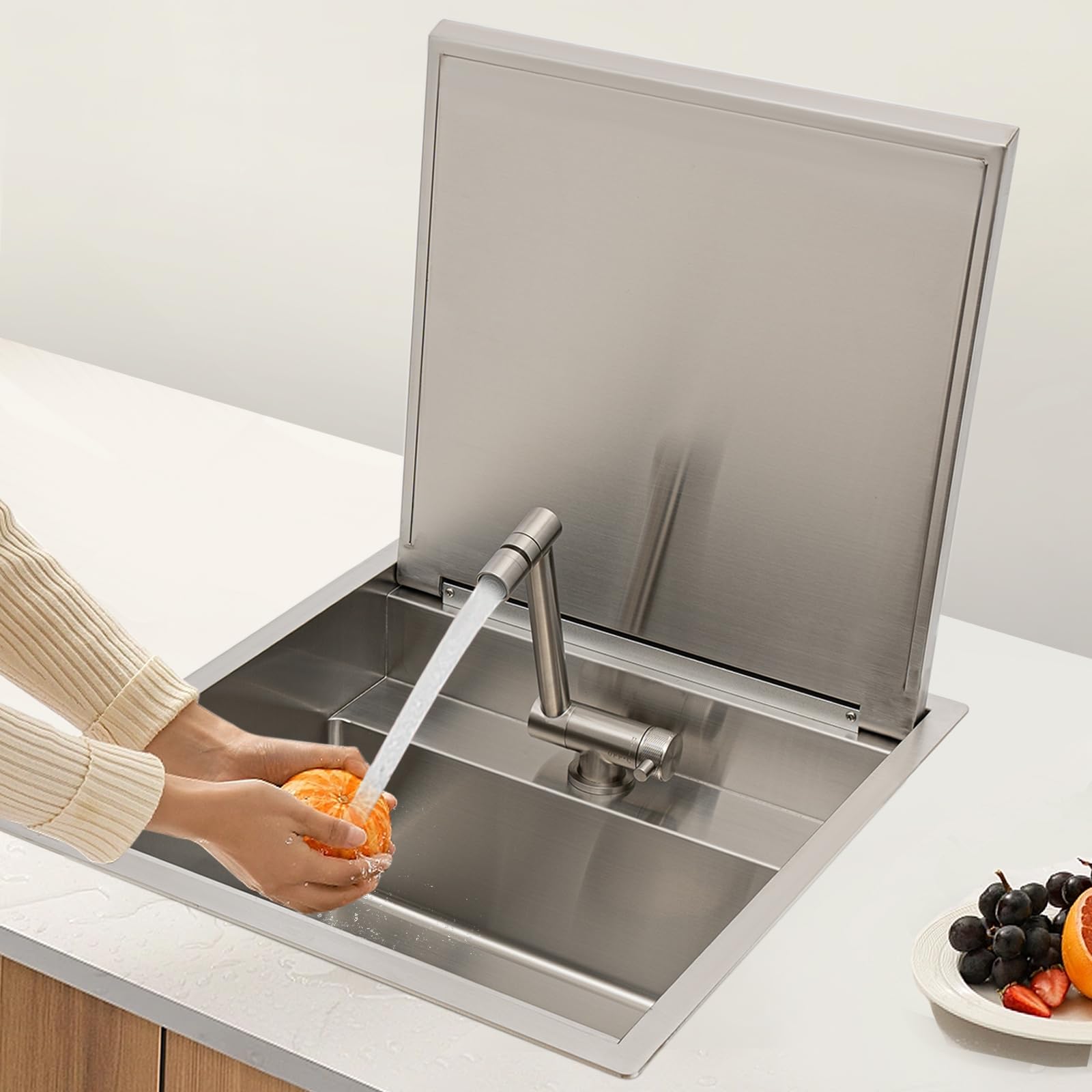 MANULOOT Drop in Kitchen Sink Utility Sink, Commercial Sink Kitchen Sinks Drop in, Hidden Single Bowl Sink, Restaurant Sinks Outdoor Sink with Cold and Hot Faucet | US Stock