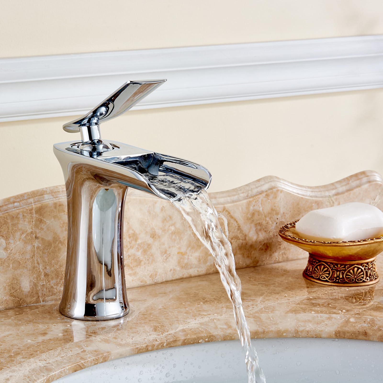 BiaoTeng Bathroom Faucet Waterfall Vintage Chrome Single Hole Hot or Cold Bathroom Sink Faucet 1 Hole Waterfall Brass Bathroom Sink Faucet Waterfall, Chrome