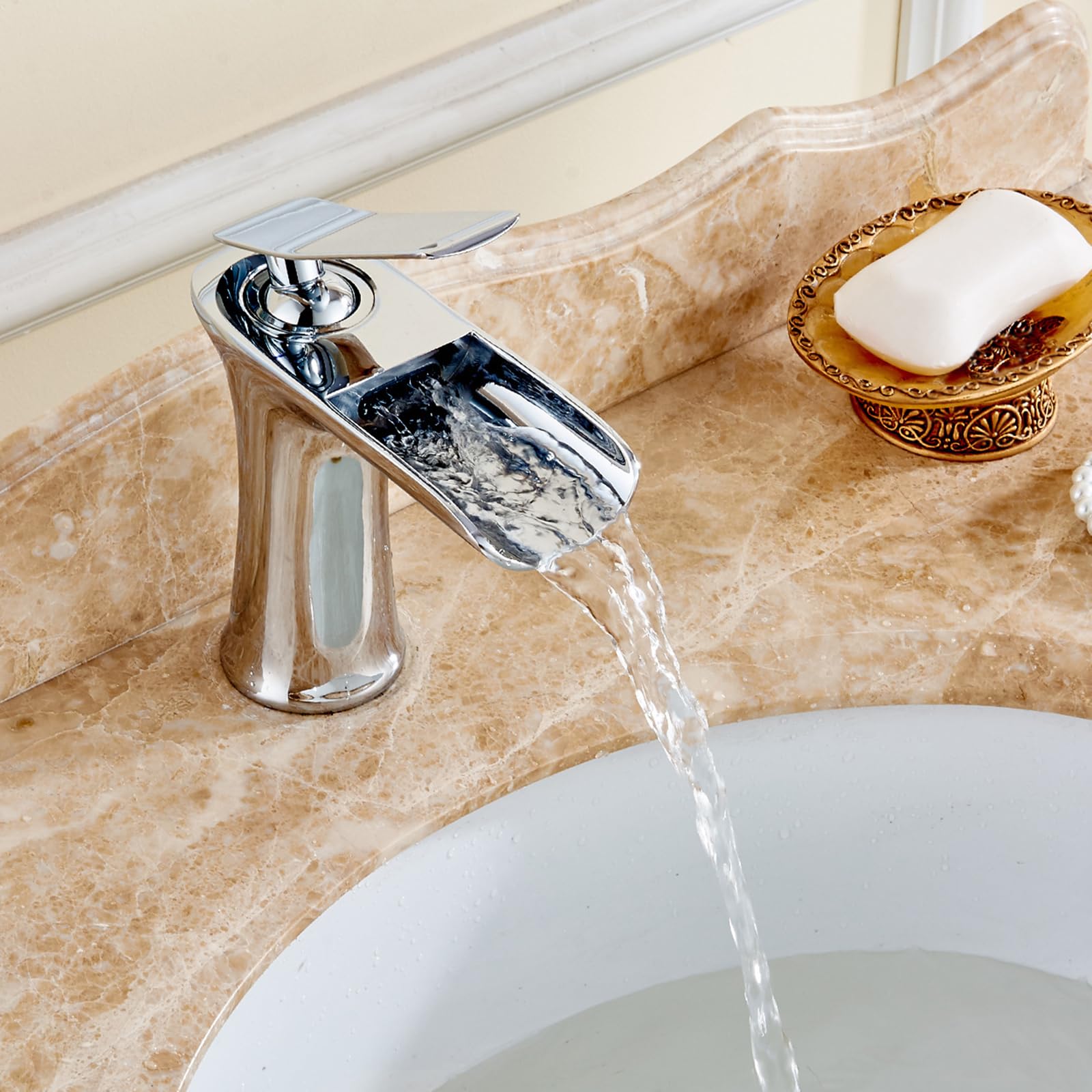 BiaoTeng Bathroom Faucet Waterfall Vintage Chrome Single Hole Hot or Cold Bathroom Sink Faucet 1 Hole Waterfall Brass Bathroom Sink Faucet Waterfall, Chrome