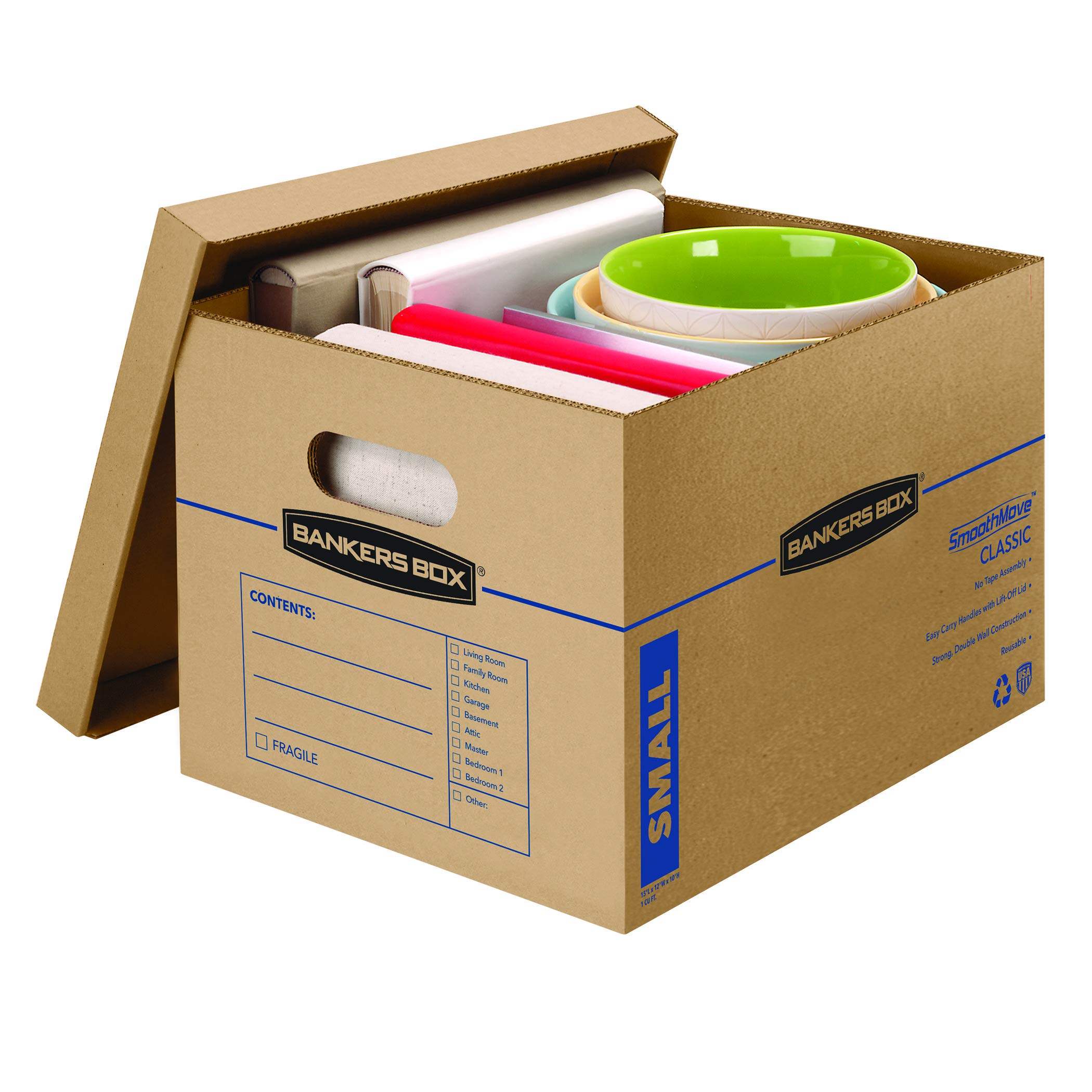 Bankers Box SmoothMove Classic Moving Boxes, Tape-Free Assembly, Easy Carry Handles, Small, 15 x 12 x 10 Inches, 5 Pack (7714902)