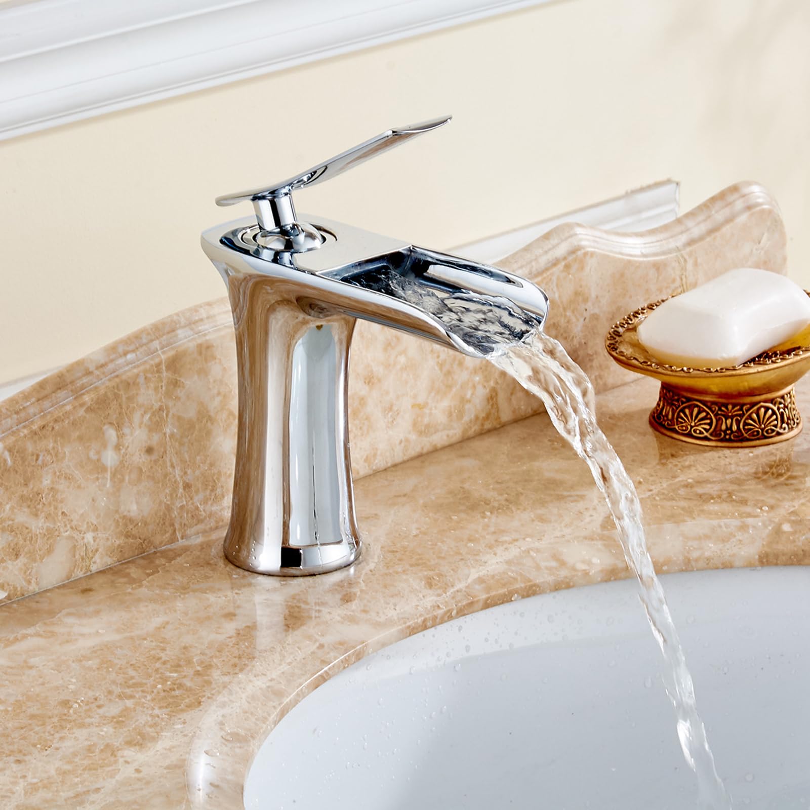 BiaoTeng Bathroom Faucet Waterfall Vintage Chrome Single Hole Hot or Cold Bathroom Sink Faucet 1 Hole Waterfall Brass Bathroom Sink Faucet Waterfall, Chrome