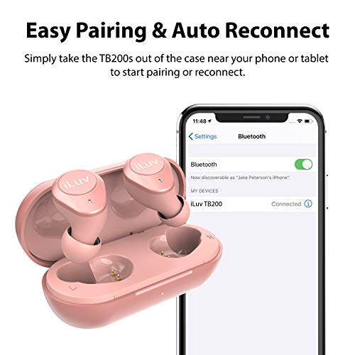 iLuv TB200 Rose Gold True Wireless Earbuds Cordless in-Ear Bluetooth 5.0 with Hands-Free Call Microphone, IPX6 Waterproof Protection, High-Fidelity Sound; Includes Compact Charging Case & 4 Ear Tips