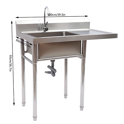 Utility Sink Stainless Steel Commercial Restaurant Kitchen Sink Free Standing Sink with Single Bowl Small Utility Sink for Laundry Workshop Garage (39.3" L x 23.6" W x 36.7" H, with Faucet)