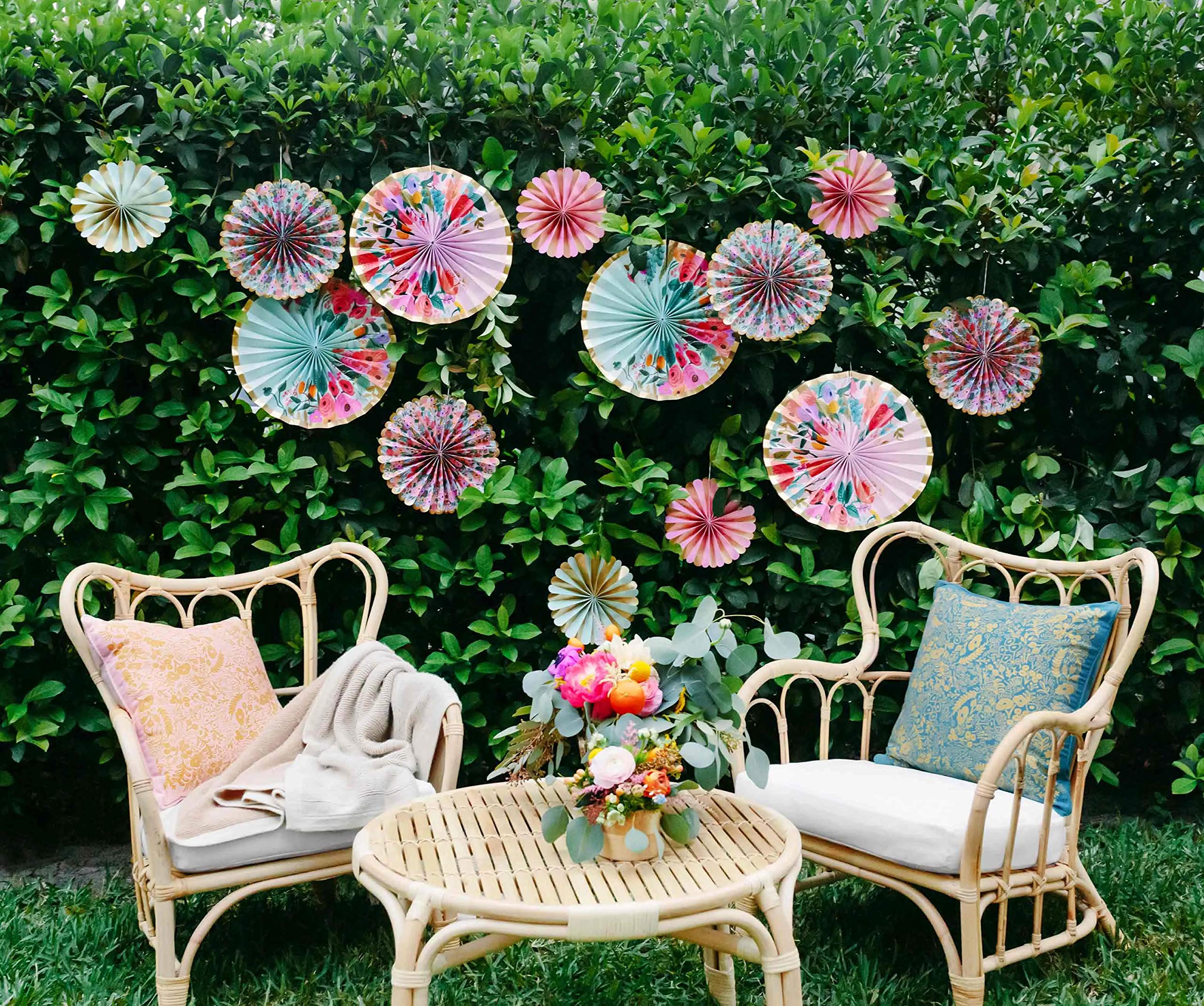 RIFLE PAPER CO. Fans | Set of 6 Durable Decorative Paper Fans, Different Sizes, Includes Adhesive Strips, Paperclips, and String, Displays as Backdrop, Garden Party