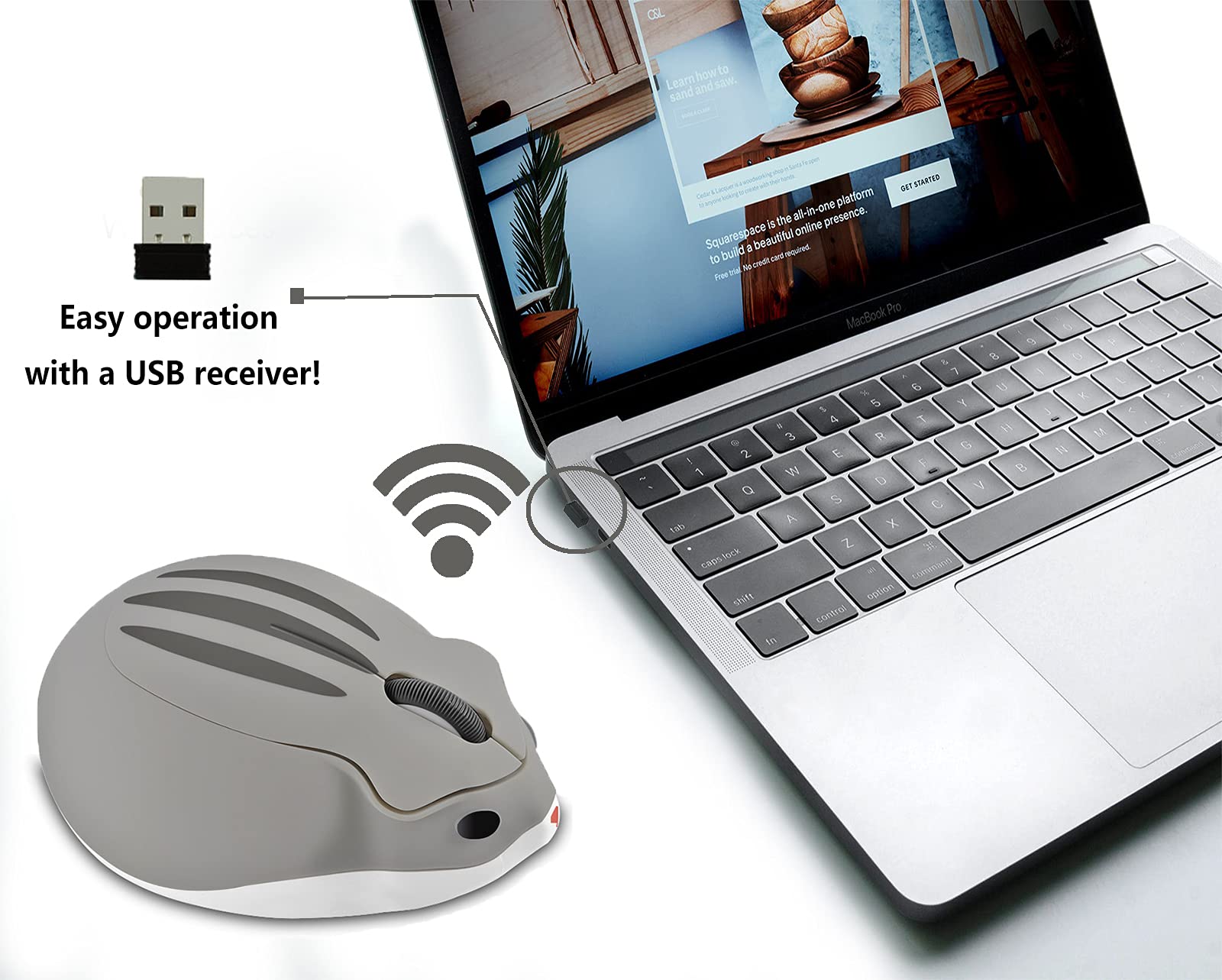 Wireless Mouse Cute Cartoon Hamster Shape Mini Silent Click Ergonomic Design 2.4G USB Portable Cordless Mouse 1200 DPI Small Mice for Notebook/MacBook/PC/Laptop/Computer for Kids Girl Gift (Grey)