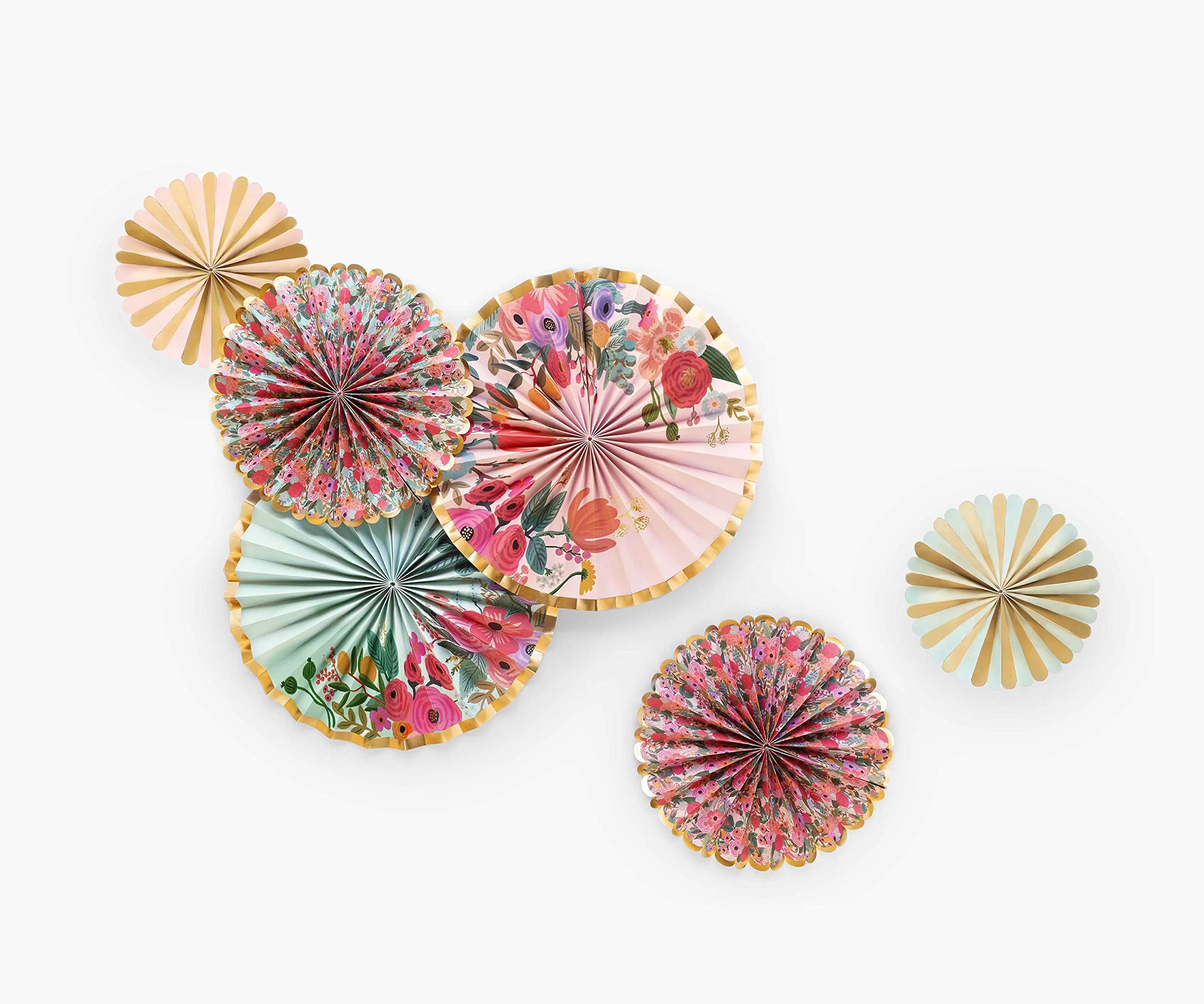 RIFLE PAPER CO. Fans | Set of 6 Durable Decorative Paper Fans, Different Sizes, Includes Adhesive Strips, Paperclips, and String, Displays as Backdrop, Garden Party
