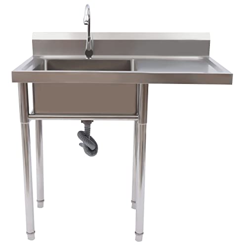 Utility Sink Stainless Steel Commercial Restaurant Kitchen Sink Free Standing Sink with Single Bowl Small Utility Sink for Laundry Workshop Garage (39.3" L x 23.6" W x 36.7" H, with Faucet)