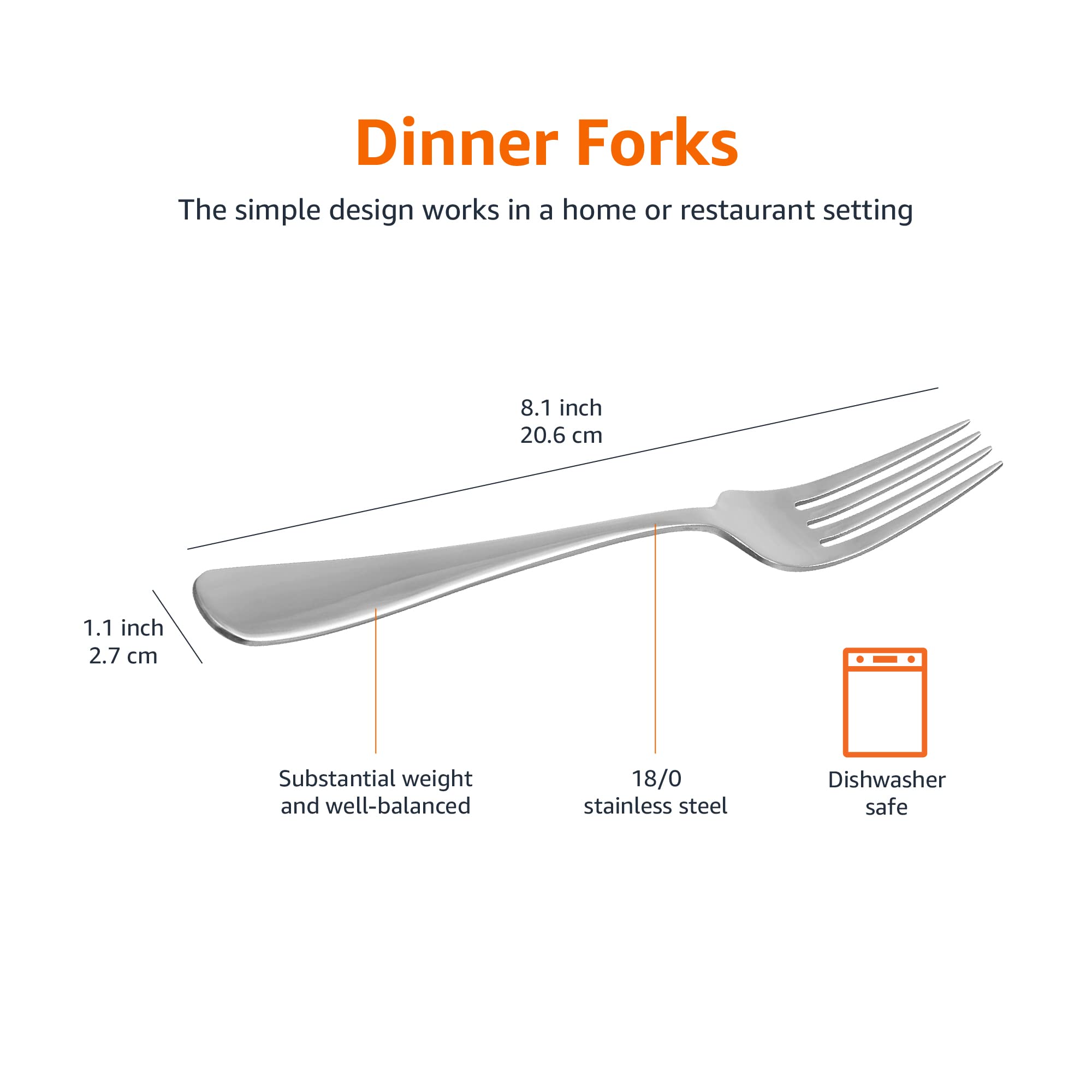 Amazon Basics Stainless Steel Dinner Forks with Round Edge, Pack of 12