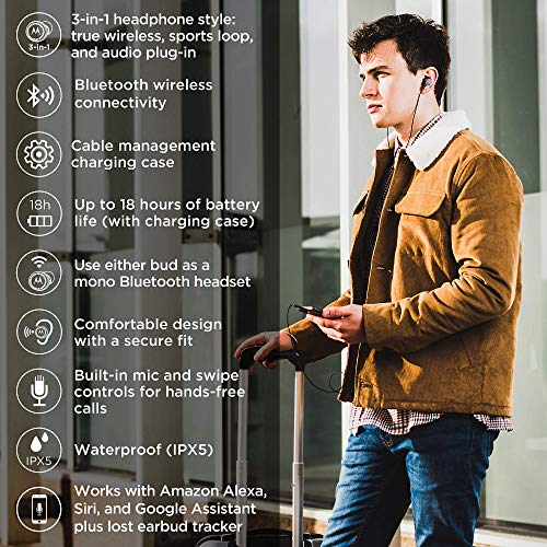 Motorola Tech3 3-in-1 Smart True Wireless Headphones - Cordless Earbuds, Sport Wire, Audio Plug-in - Sweatproof, Built-in Microphone, Charging Case with Cable Storage System - Mocha-Bronze