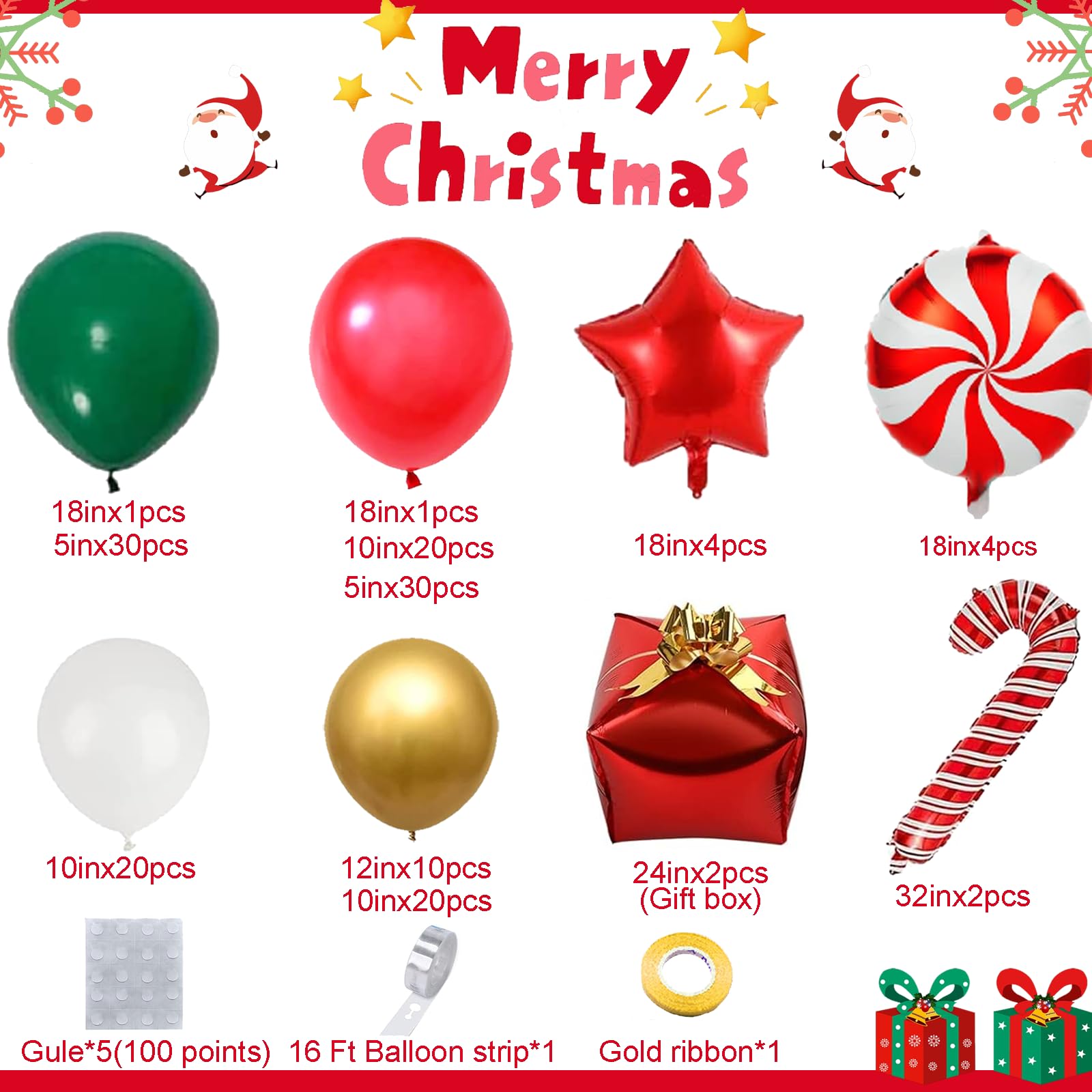 AobkDeco 151PCS Christmas Arch Kit with Red, White, Golden, Dark Green Balloons, Candy Foil, Candy Cane, Gift Box, Star Balloons for Christmas Party Decorations