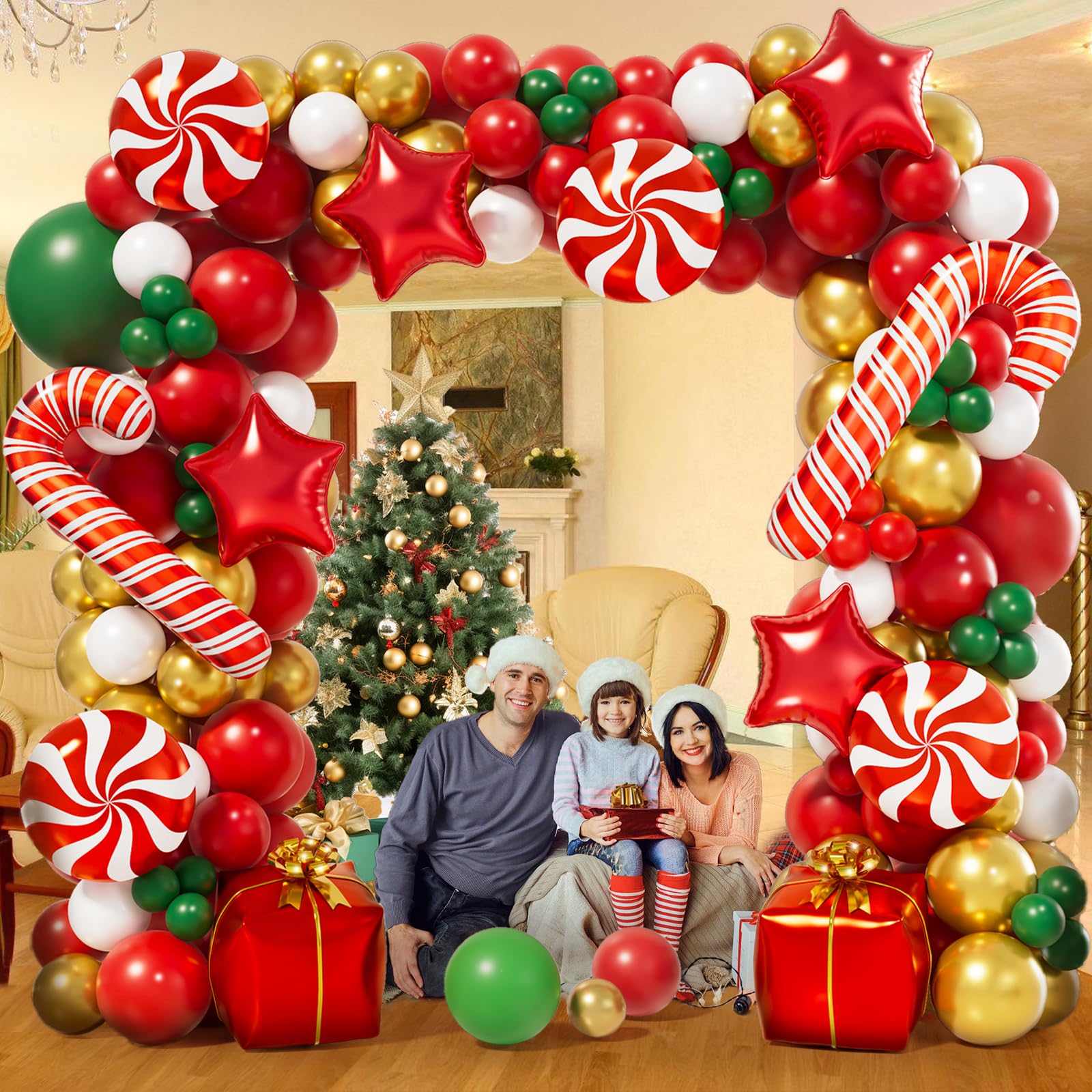 AobkDeco 151PCS Christmas Arch Kit with Red, White, Golden, Dark Green Balloons, Candy Foil, Candy Cane, Gift Box, Star Balloons for Christmas Party Decorations