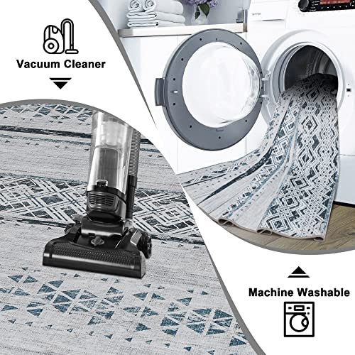 8x10 Area Rugs for Living Room Bedroom: Large Machine Washable Rug with Non-Slip Backing Non Shedding Stain Resistant, Soft Geometric Moroccan Carpet for Dining Room Nursery Home Office - Blue/Ivory