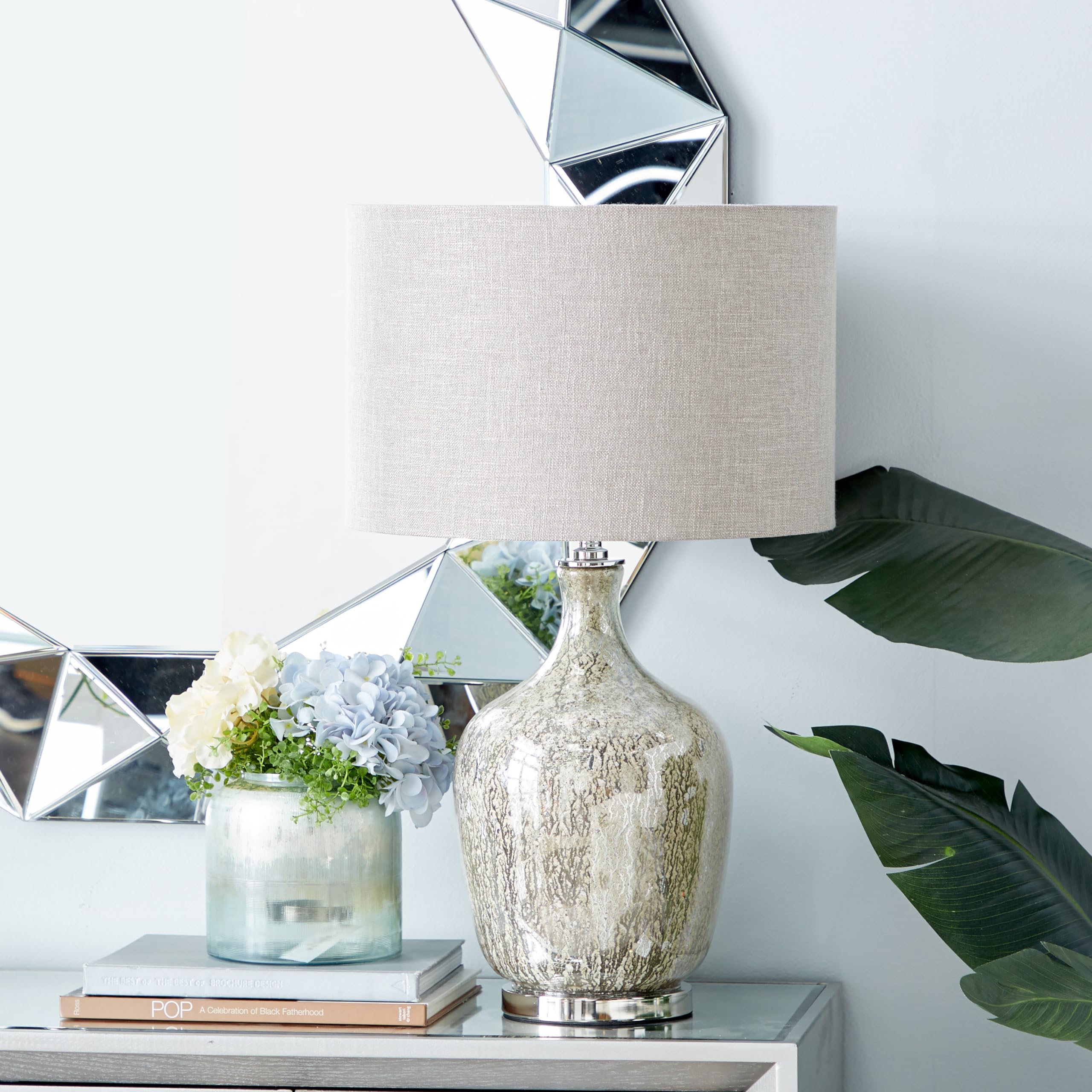 Deco 79 Glass Room Table Lamp Accent Lamp with Faux Mercury Glass Finish, Lamp 16" x 16" x 27", Silver