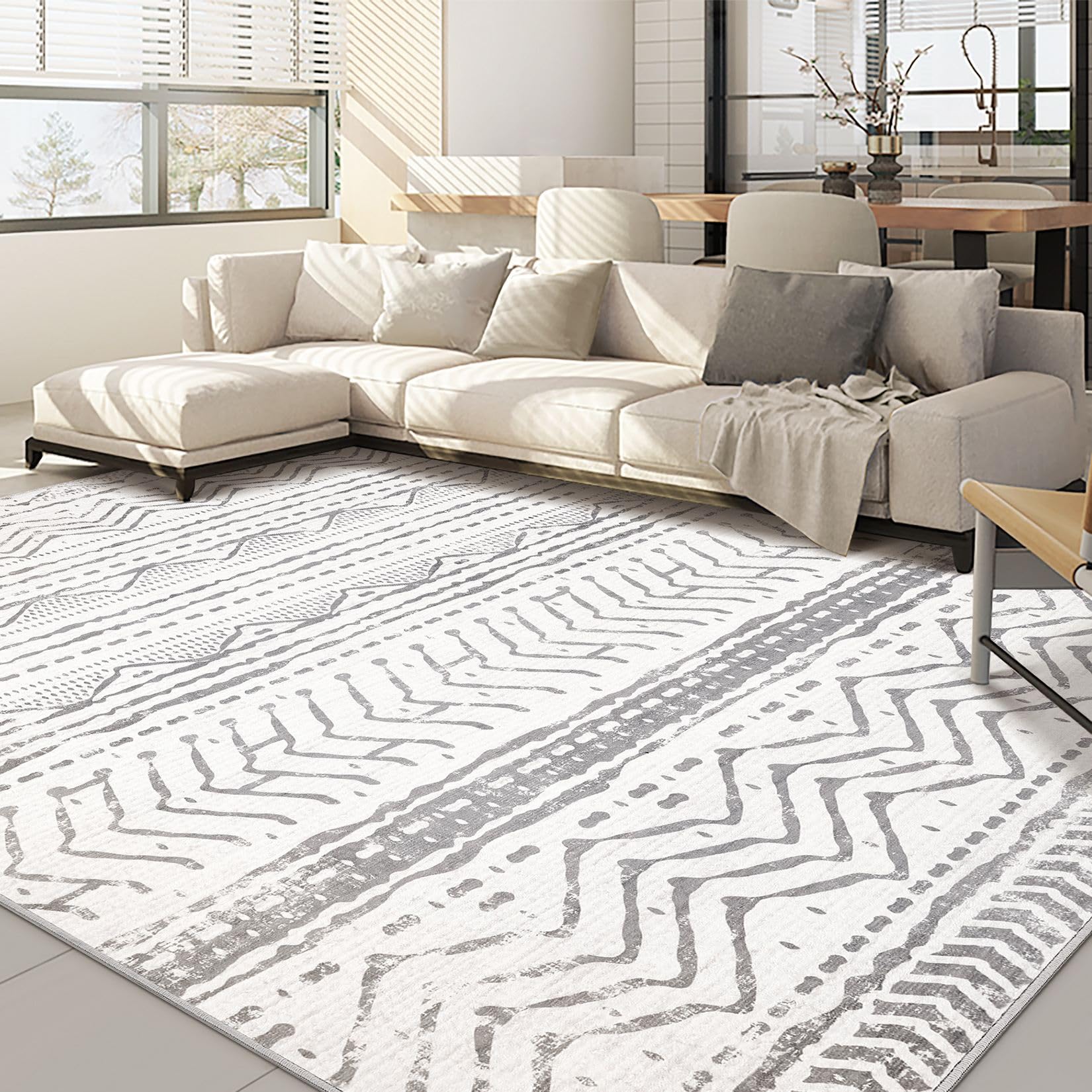 Area Rugs 8x10 Living Room: Washable Boho Large Neutral Soft Farmhouse Rug Stain Resistant Modern Geometric Non Slip Indoor Floor Carpet for Bedroom Nursery Kids Playroom Office- Gray White
