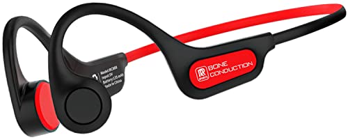 RR SPORTS Bone Conduction Headphones, Open Ear Bluetooth 5.3 Sport Earphones with Built-in Mic and MP3 Player 16G Memory, IPX8 Wireless Waterproof Headset for Swimming, Running, Cycling (Black-Red)