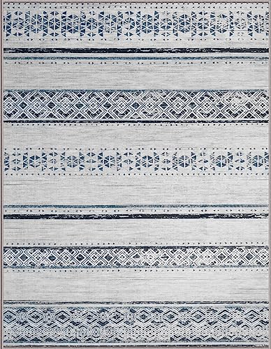 8x10 Area Rugs for Living Room Bedroom: Large Machine Washable Rug with Non-Slip Backing Non Shedding Stain Resistant, Soft Geometric Moroccan Carpet for Dining Room Nursery Home Office - Blue/Ivory