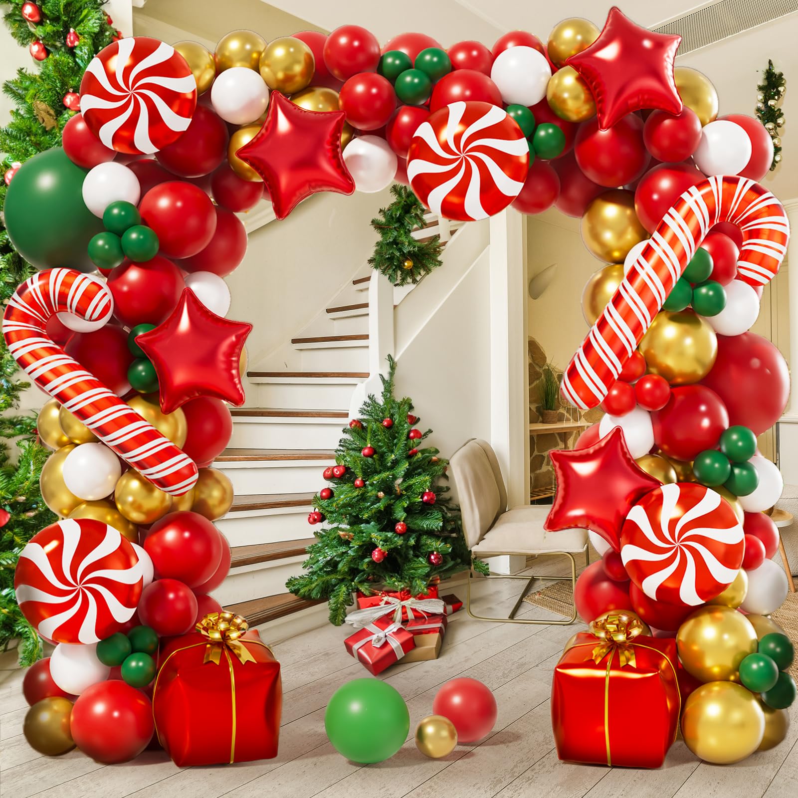 AobkDeco 151PCS Christmas Arch Kit with Red, White, Golden, Dark Green Balloons, Candy Foil, Candy Cane, Gift Box, Star Balloons for Christmas Party Decorations